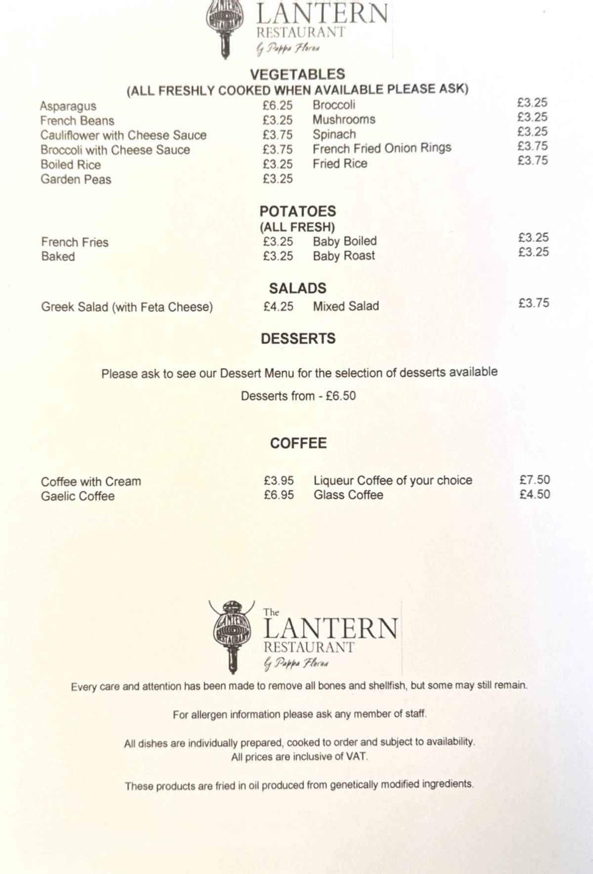 Menu at Lantern restaurant, Hull