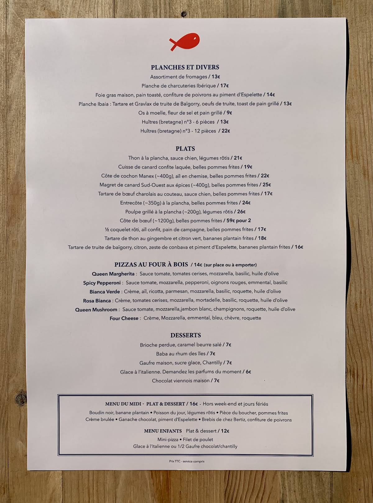 Menu au Le Poisson Rouge Bidart restaurant, Bidart