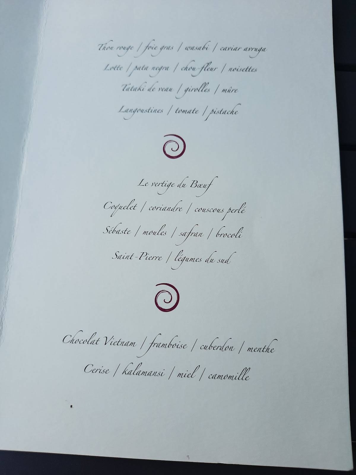 Menu at Le vertige des sens, Ath
