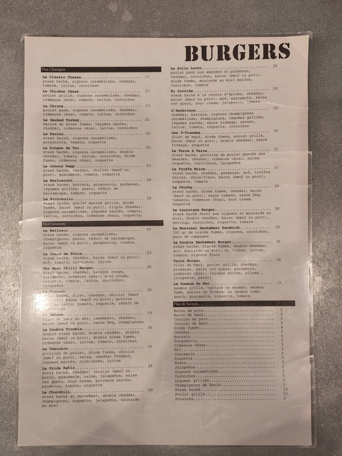 Menu au Le Zink restaurant, Marsa