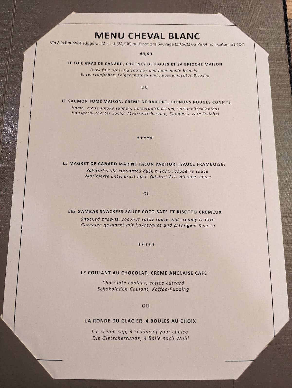 Menu au Restaurant Le Cheval Blanc, Baldersheim