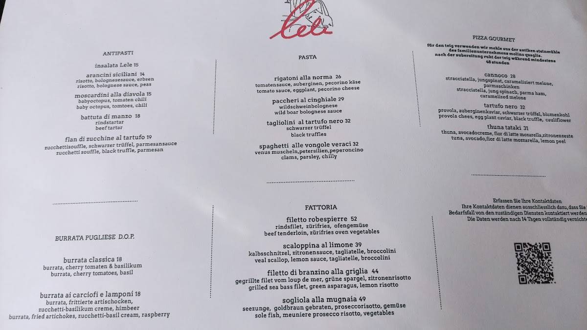 Menu da Restaurant Lele, Zurigo