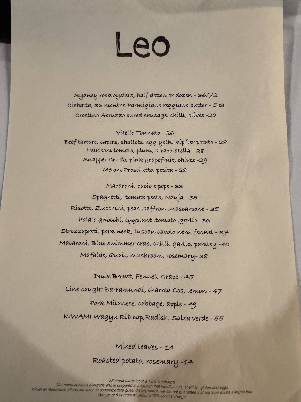 Menu at Restaurant Leo, Sydney