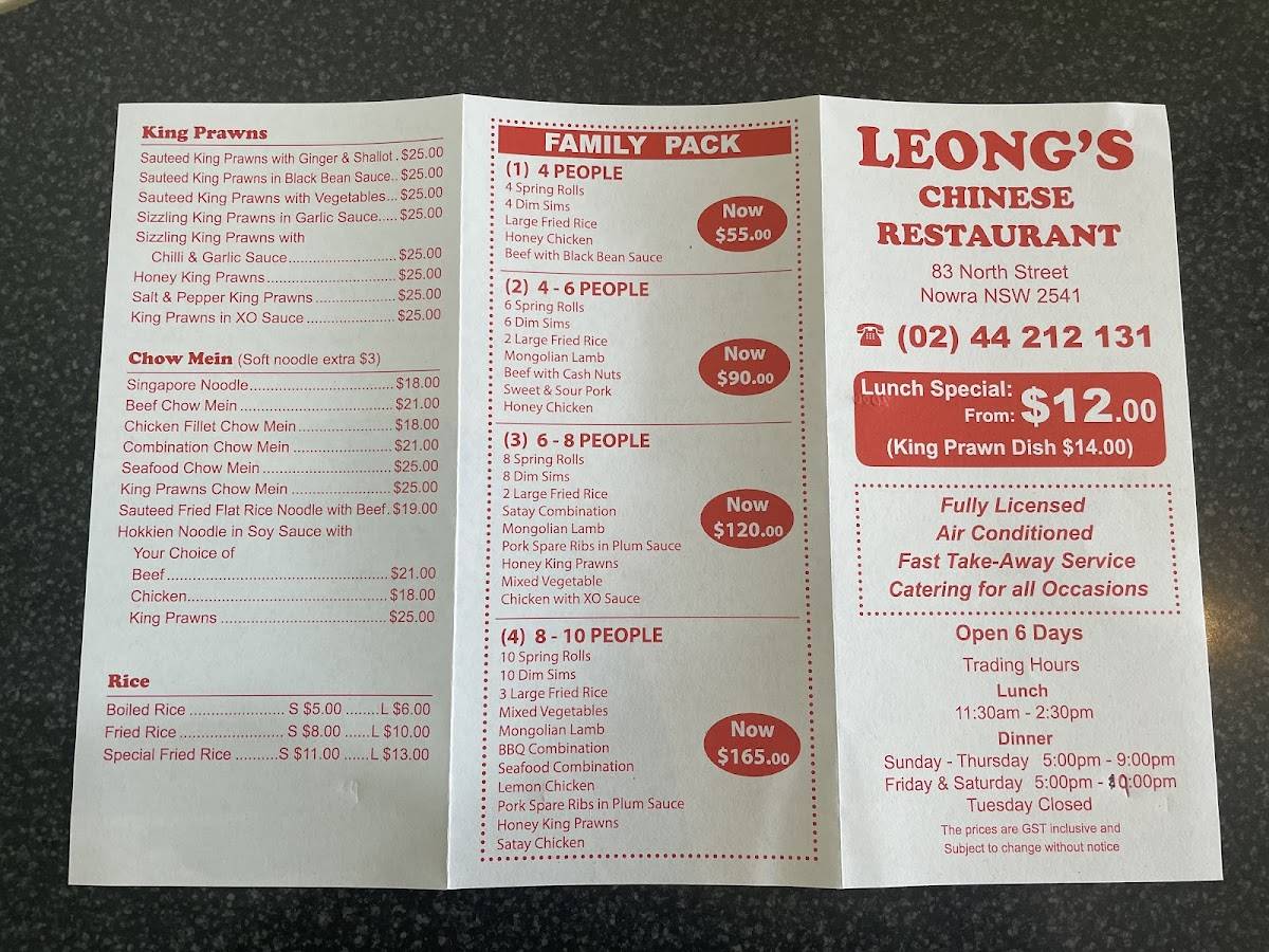 Menu at Leong's Chinese Restaurant, Nowra