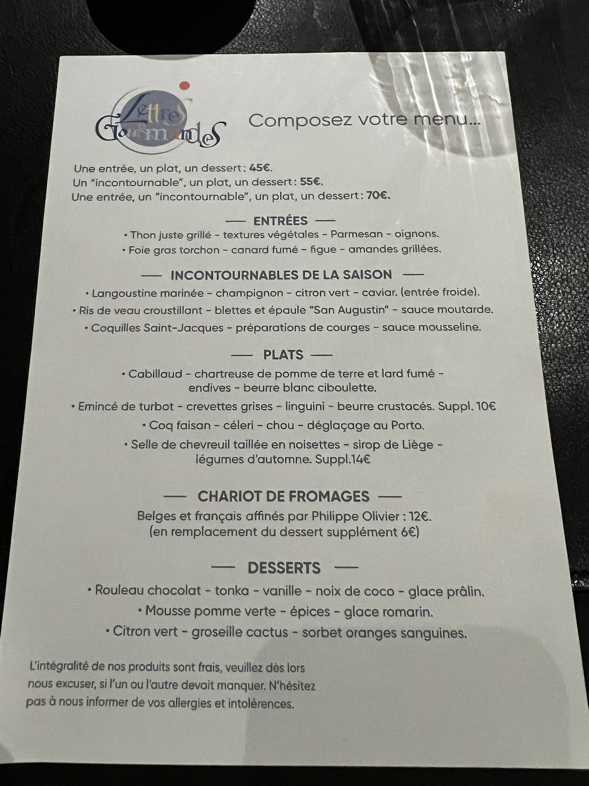 Menu au Les Lettres Gourmandes, Erquelinnes, Rte de Mons 52