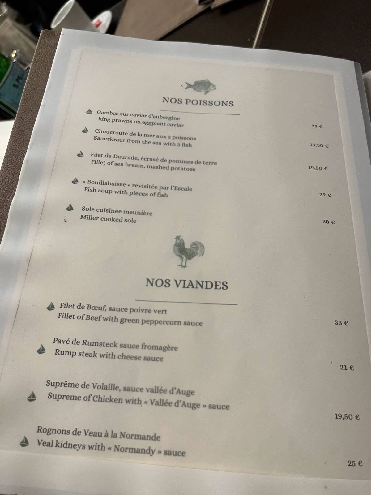 Menu au Restaurant L'escale, Honfleur