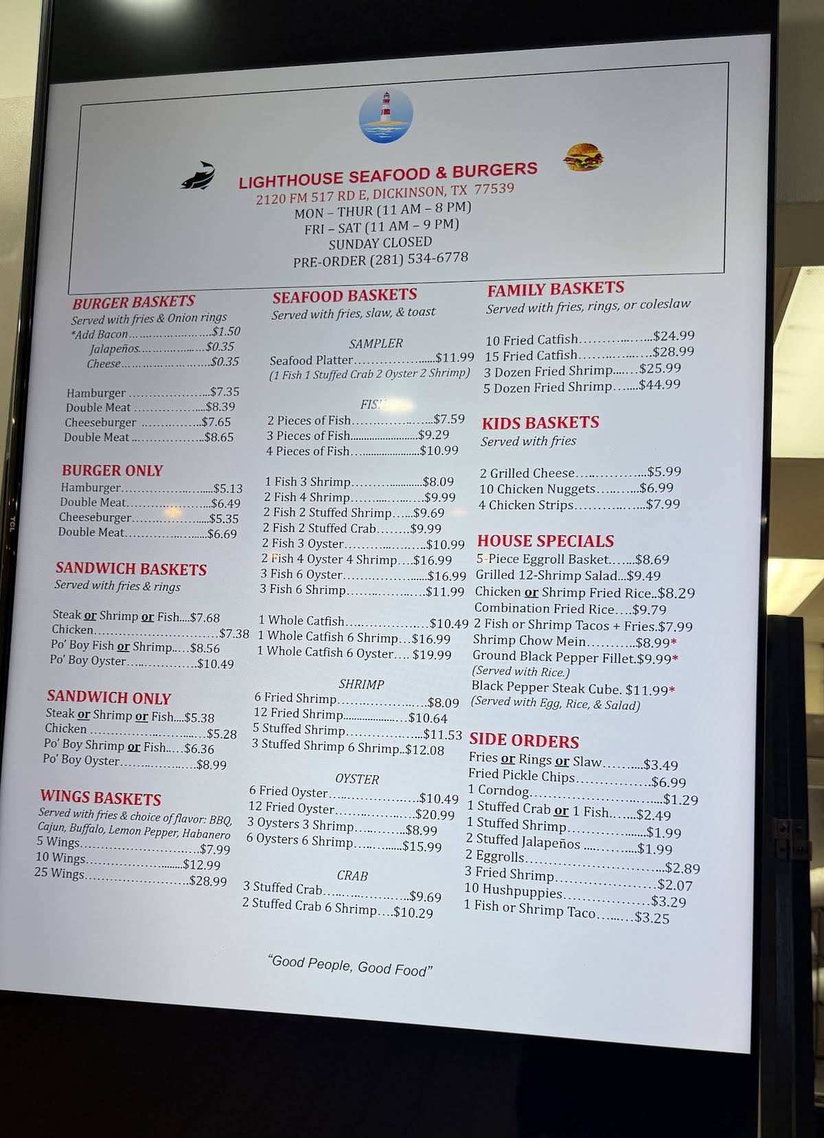 Menu at Lighthouse Seafood Restaurant, Dickinson, FM 517 Rd E
