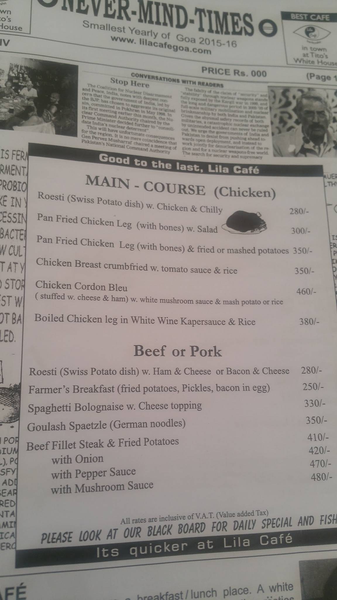 Menu at Lila Cafe, Arpora, HQP5+GPR