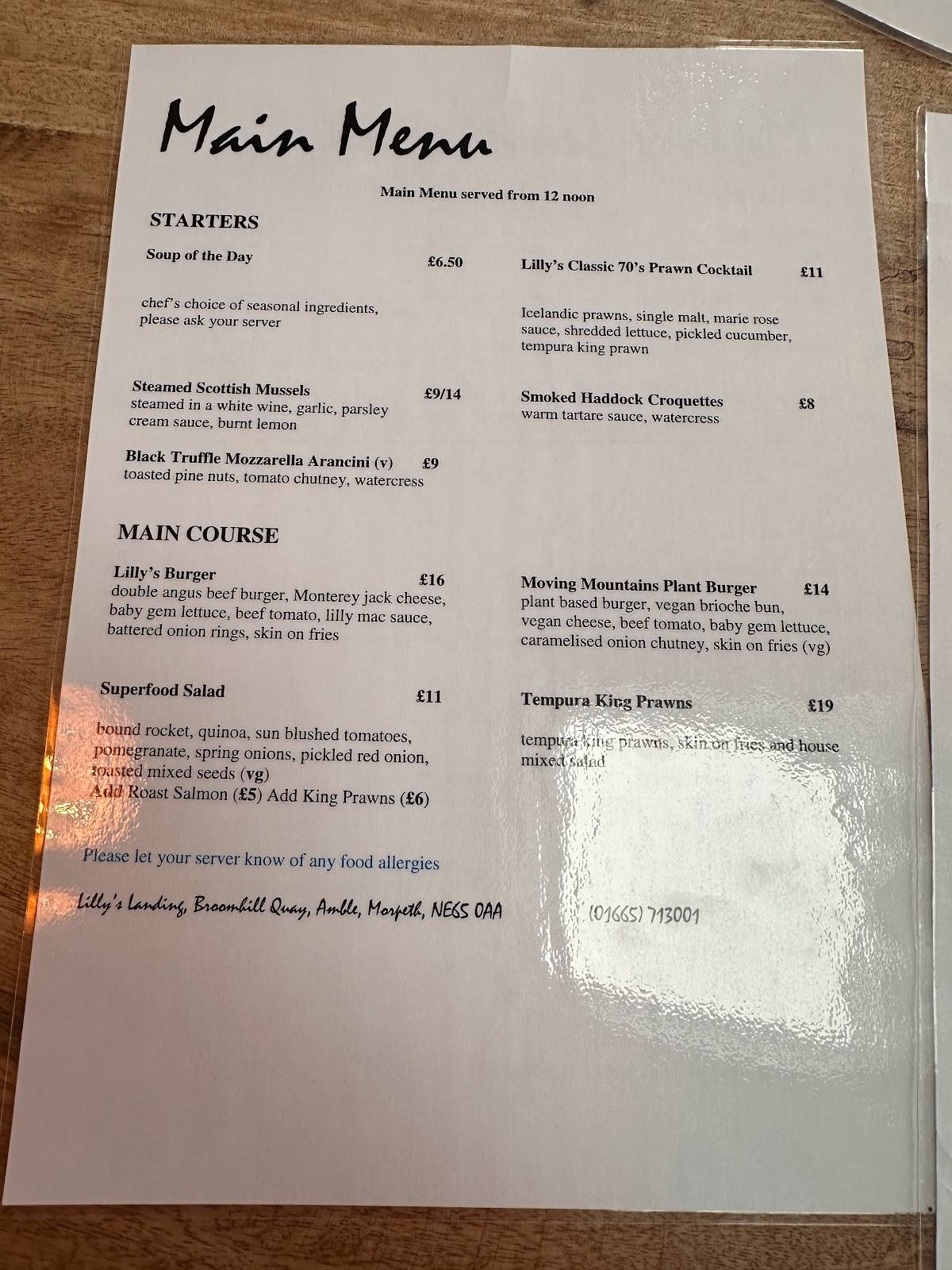 Menu at Lilly’s Landing restaurant, Amble