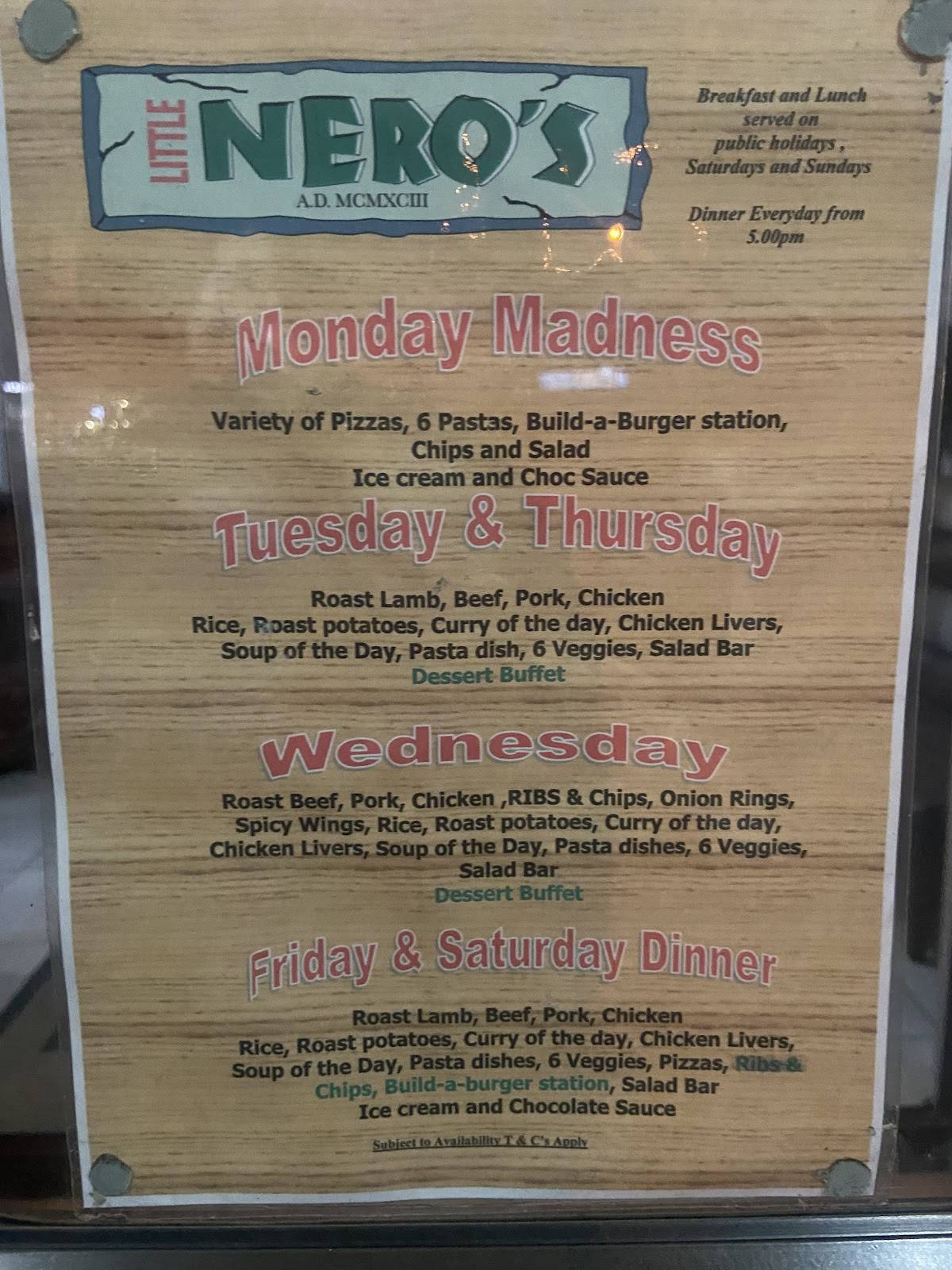 Menu at Little Neros restaurant, Boksburg
