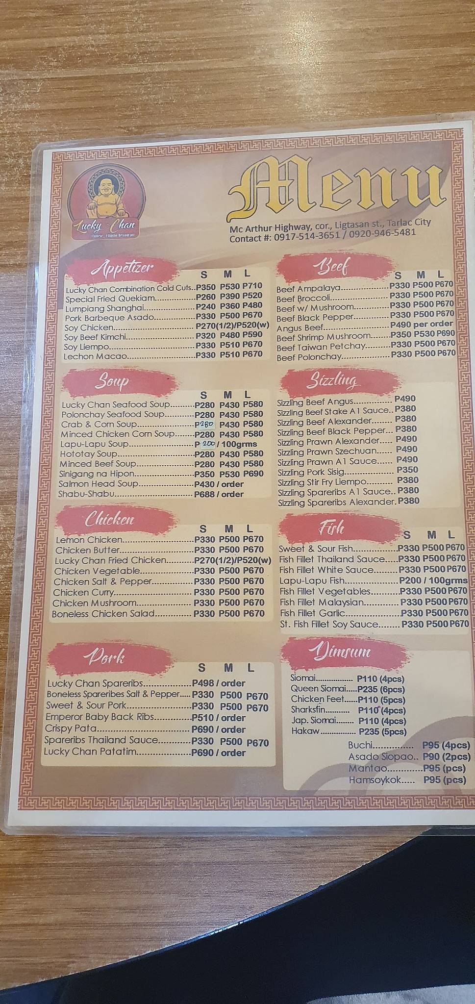 Menu at Lucky Chan Tarlac restaurant, Tarlac City