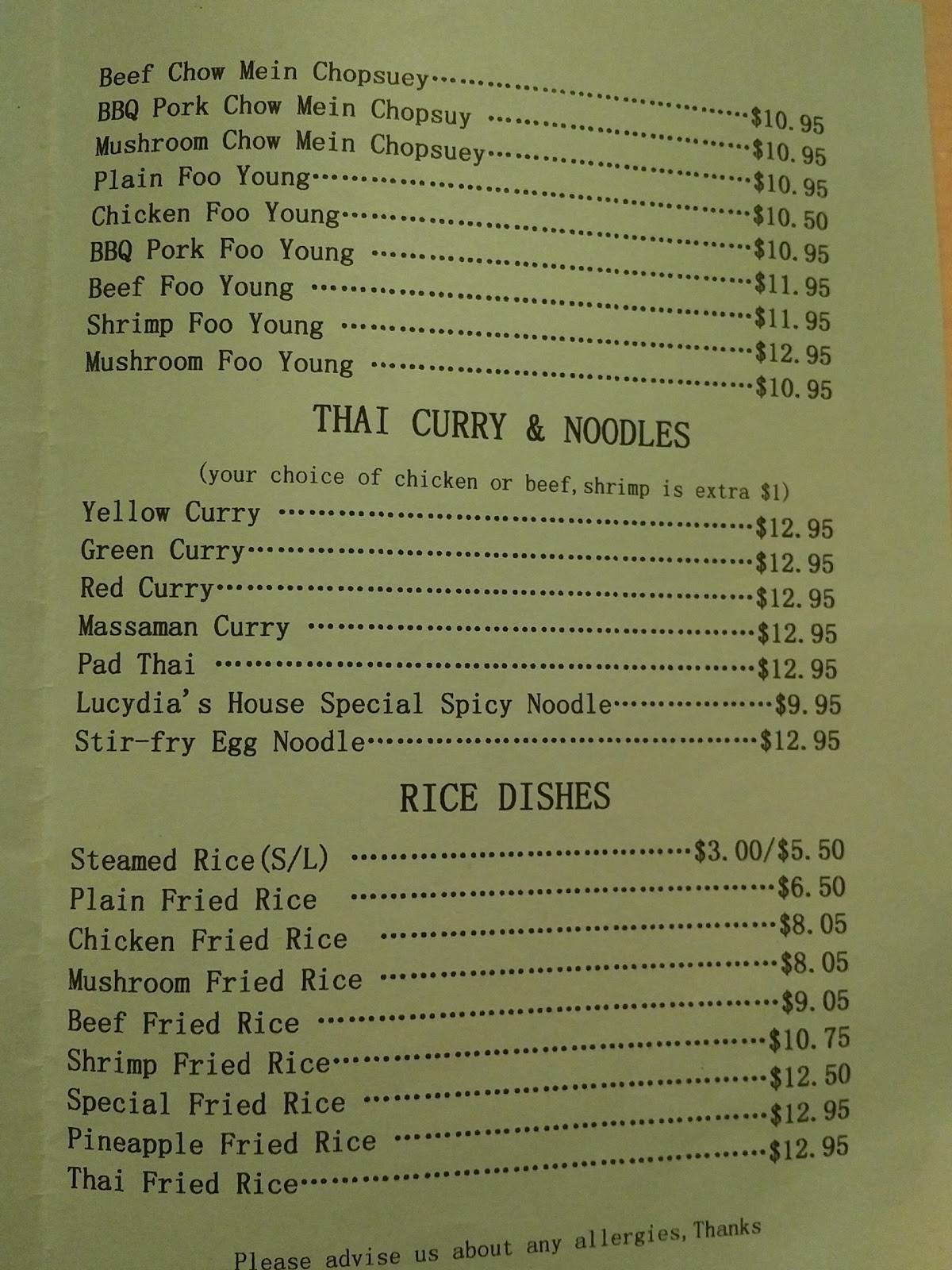 Menu at Lucydia's Thai Kitchen restaurant, Moncton
