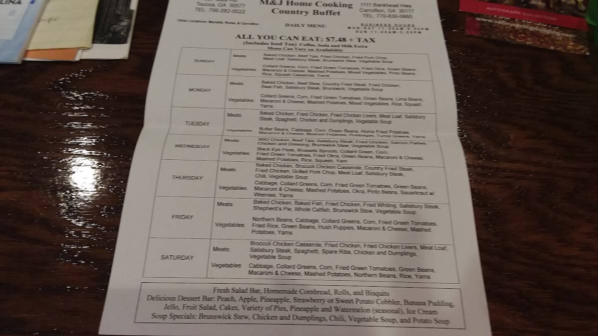 Menu at M & J Home Cooking Country Buffet restaurant, Toccoa