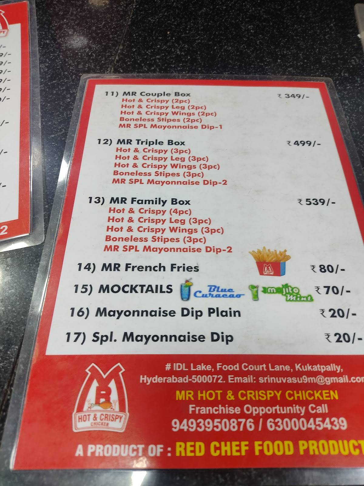 Menu at MR CRISPY CHICKEN, Hyderabad, Piller no:- A
