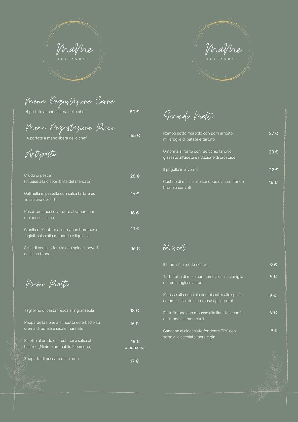 Menu at MaMe Restaurant, Viareggio