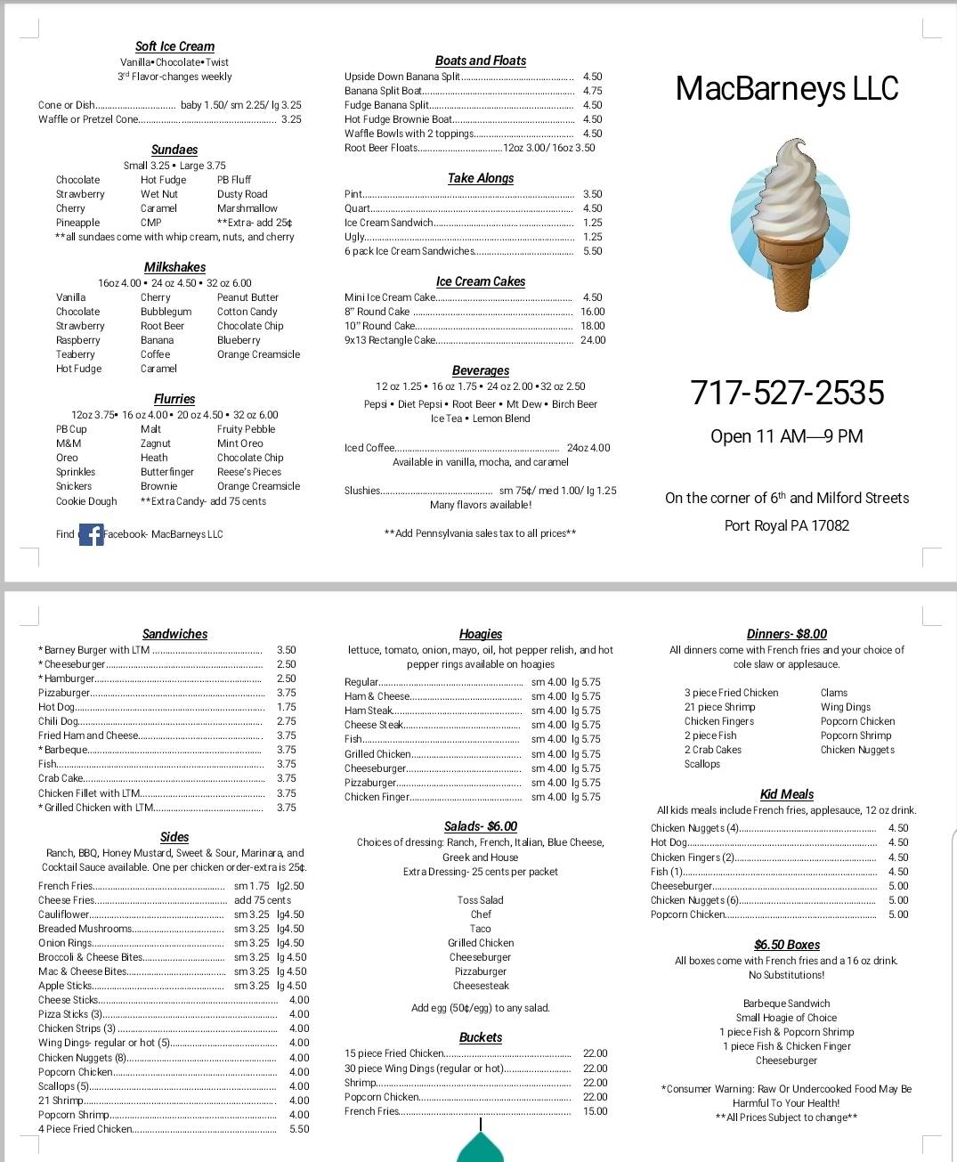 Menu at Mac Barney's Restaurant, Port Royal