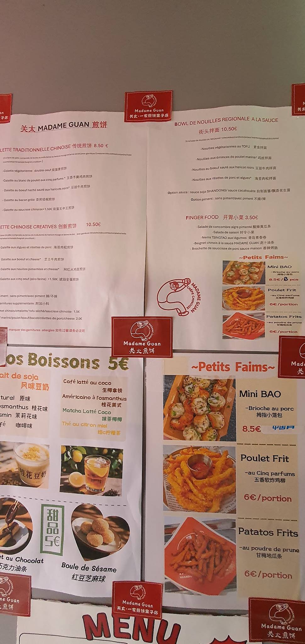 Menu au Madame Guan restaurant, Paris