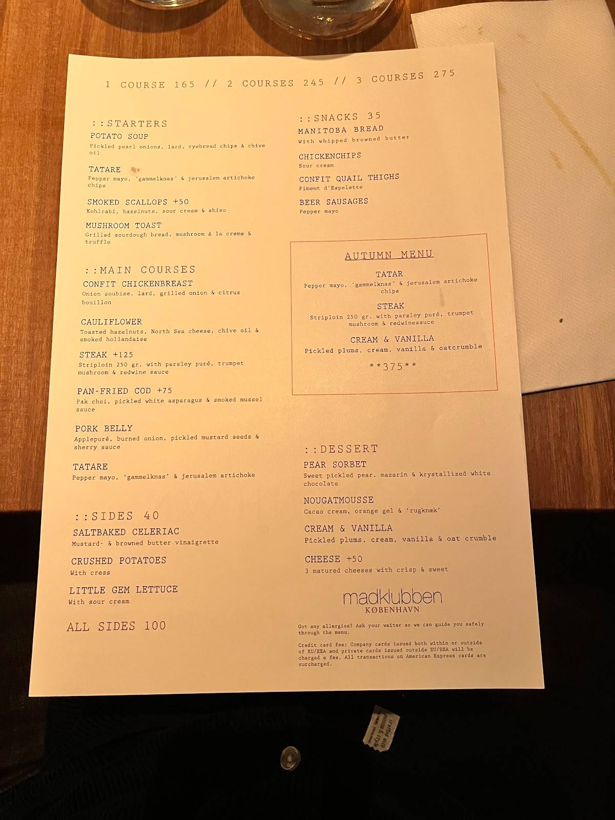 Menu at Madklubben Copenhagen restaurant, Copenhagen, Store Kongensgade 66