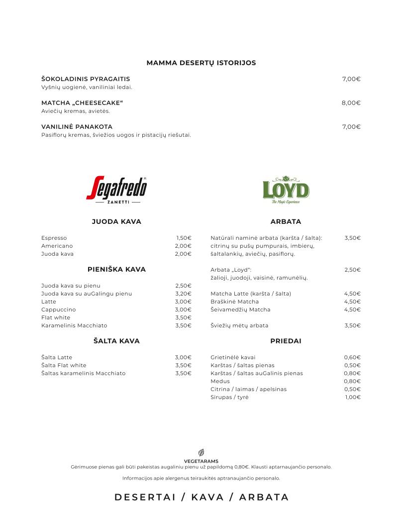 Menu at Mamma Kitchen Stories restaurant, Kaunas
