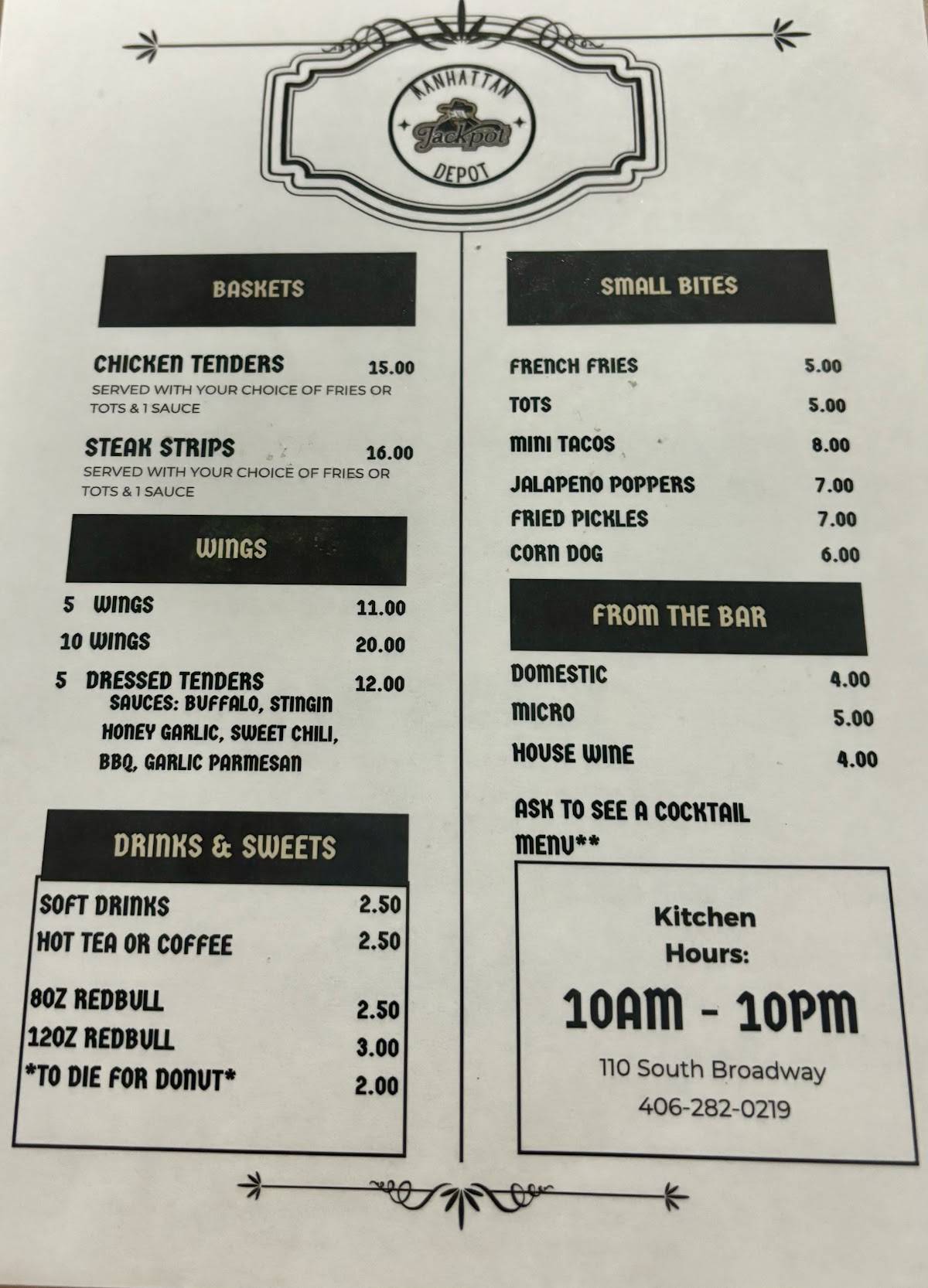 Menu at Manhattan Depot restaurant, Manhattan, 110 S Broadway St