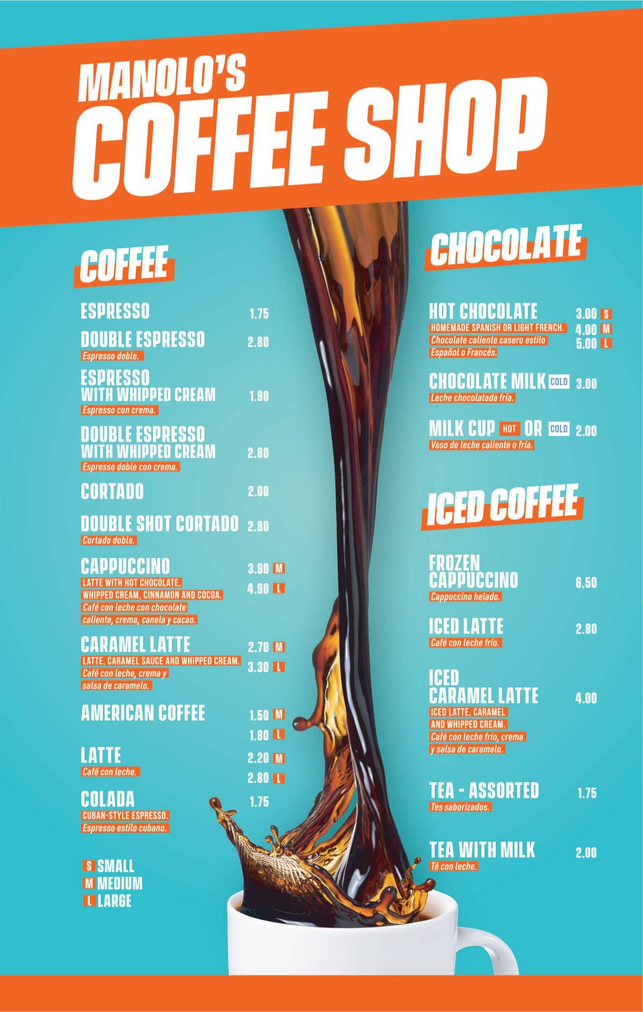 Menu at Manolo restaurant, Miami Beach, Collins Ave