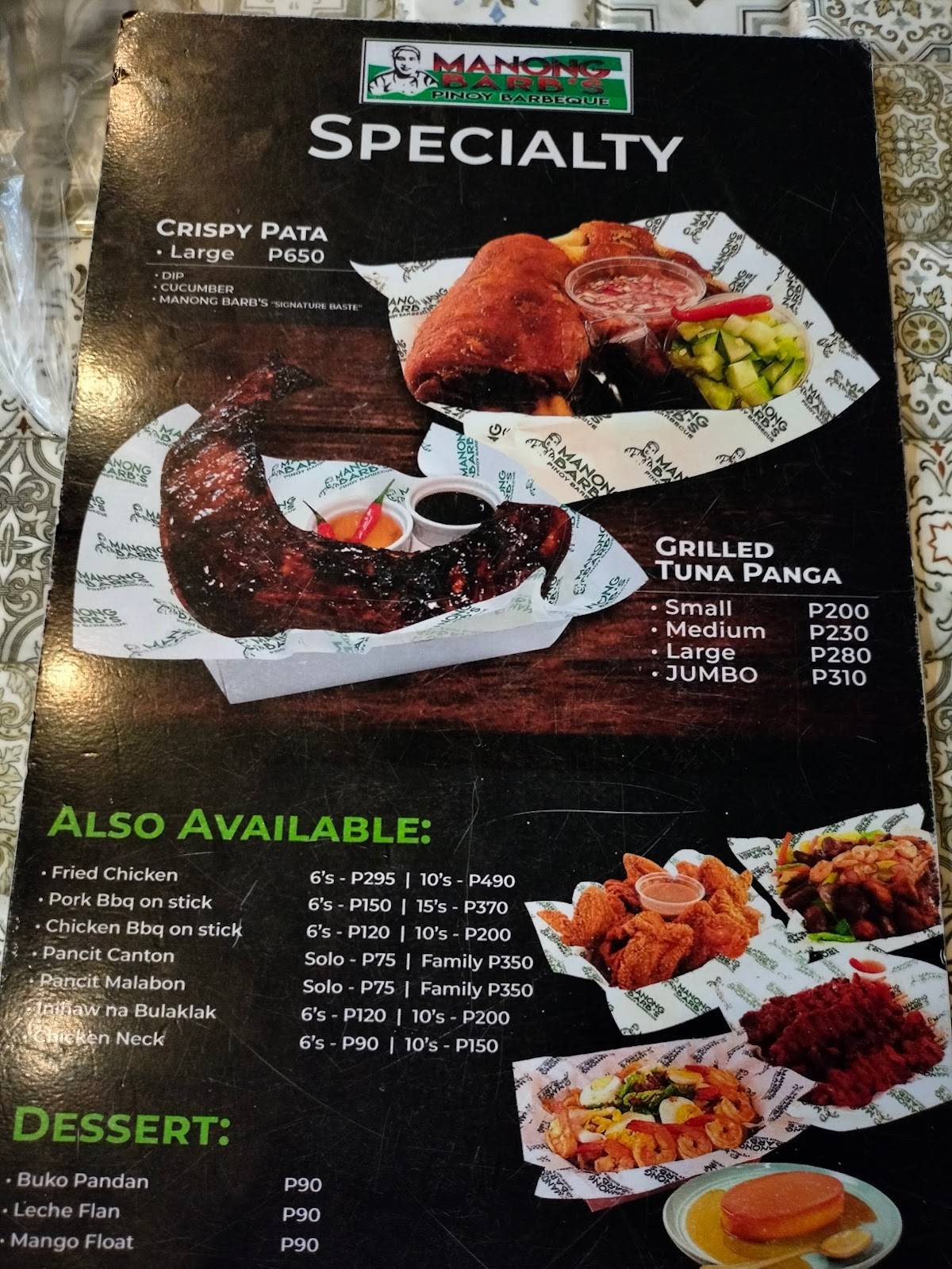 Menu at Manong Barb's - General Trias Branch, General Trias