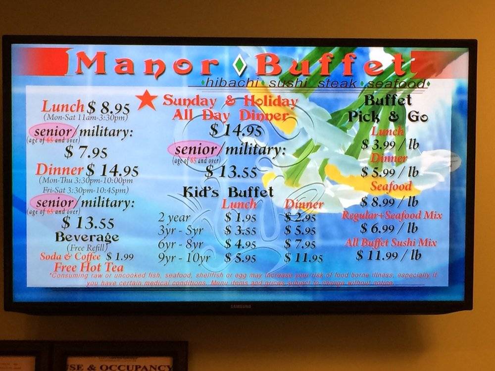 Menu at Manor Buffet restaurant, Lancaster, Lincoln Hwy E