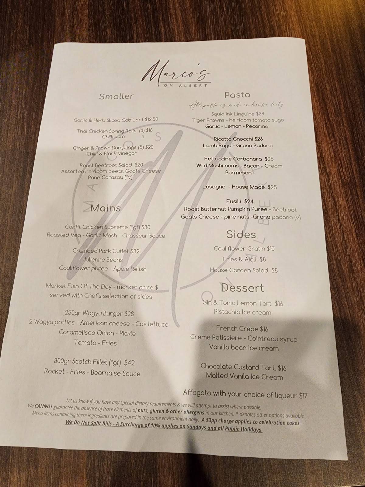 Menu at Marco's On Albert restaurant, Lake Albert