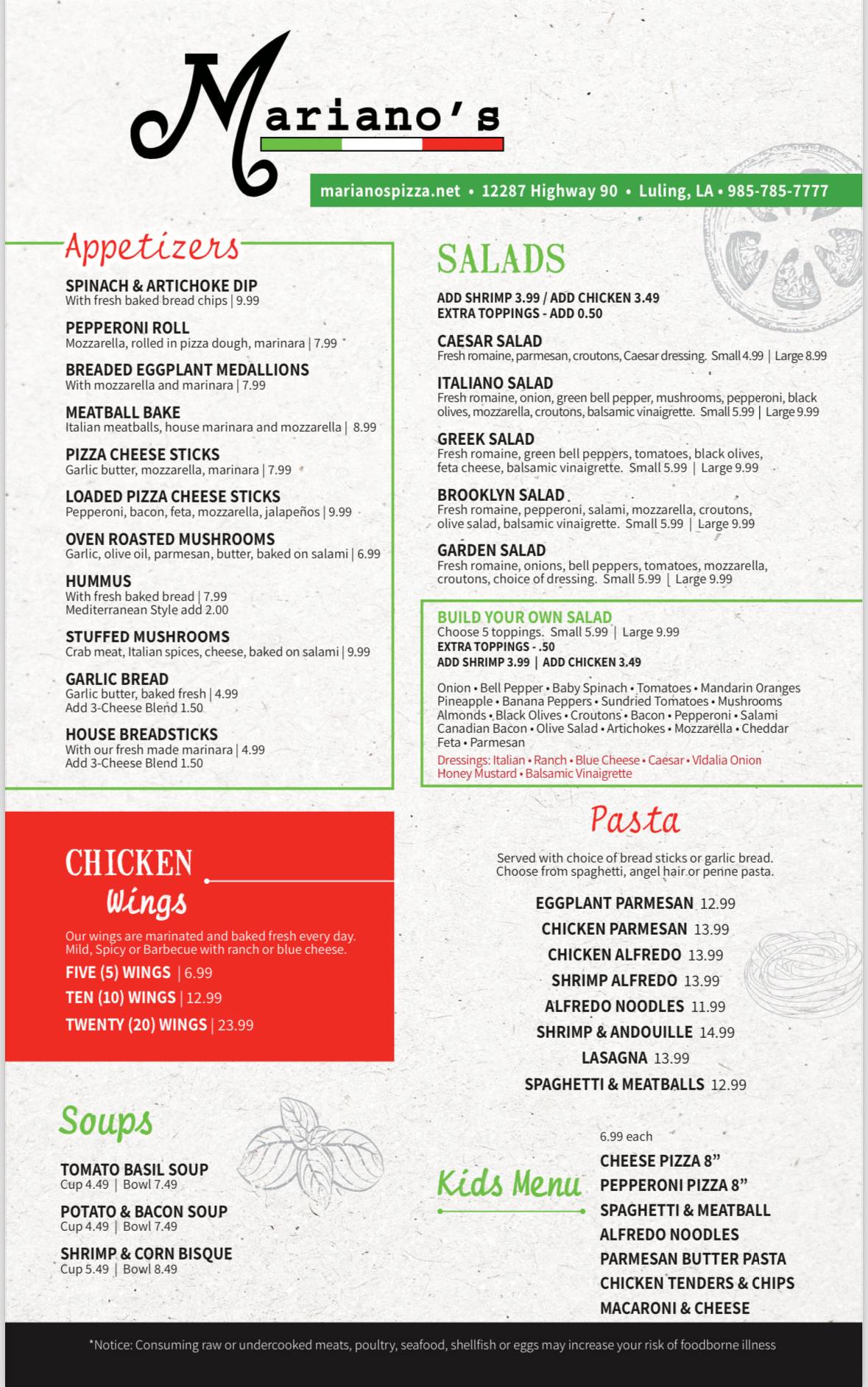 Menu at Mariano's Italian Eatery restaurant, Luling, US-90