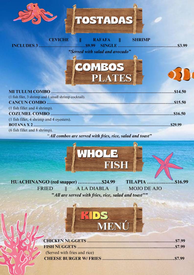 Menu at Mariscos Tulum restaurant, Harlingen