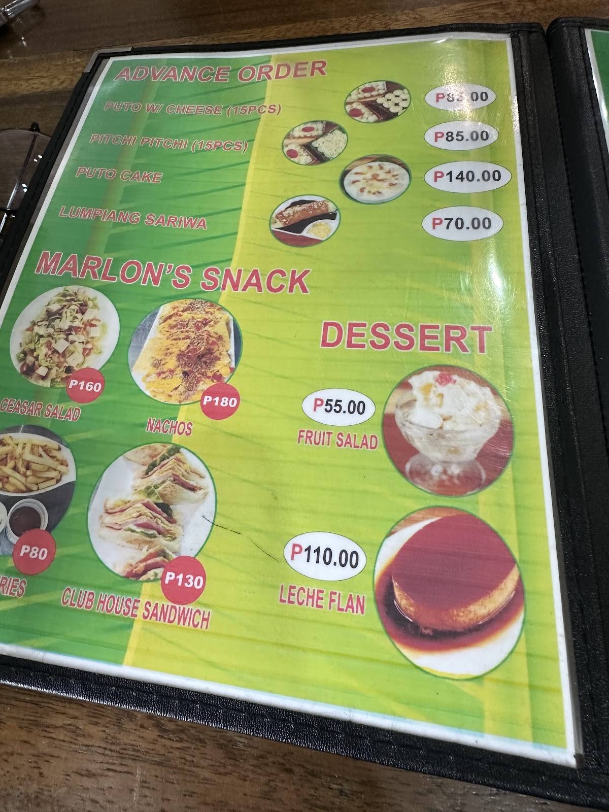 Menu at Marlon's Special Pancit Malabon restaurant, General Trias