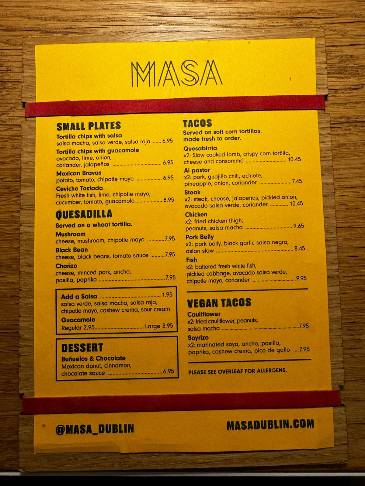 Menu at Masa Camden St restaurant, Dublin