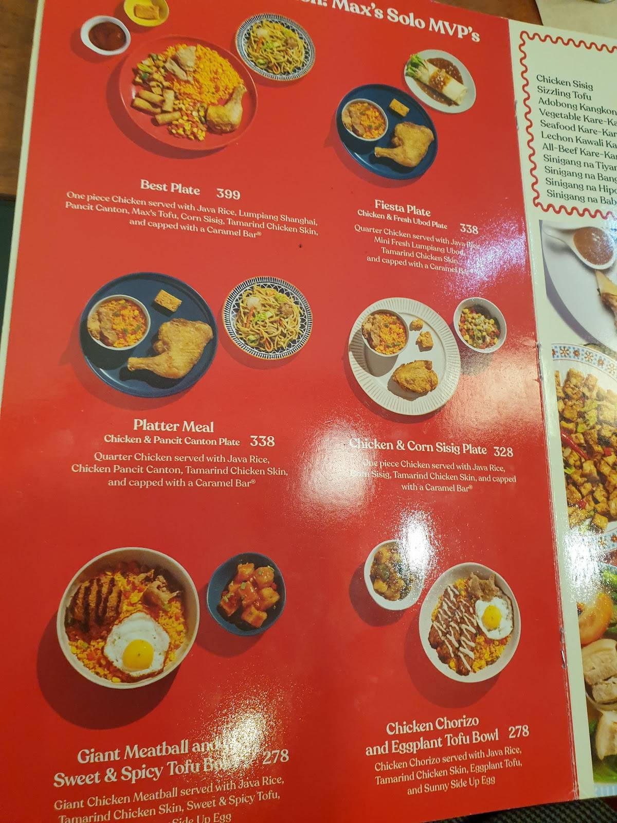 Menu at Max's Intramuros restaurant, Manila, Commerce Building