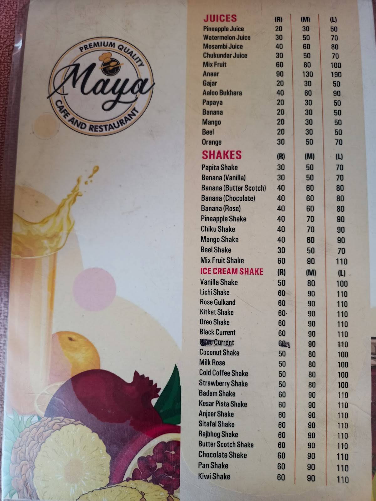 Menu at Maya Cafe and Restaurant, Jaipur