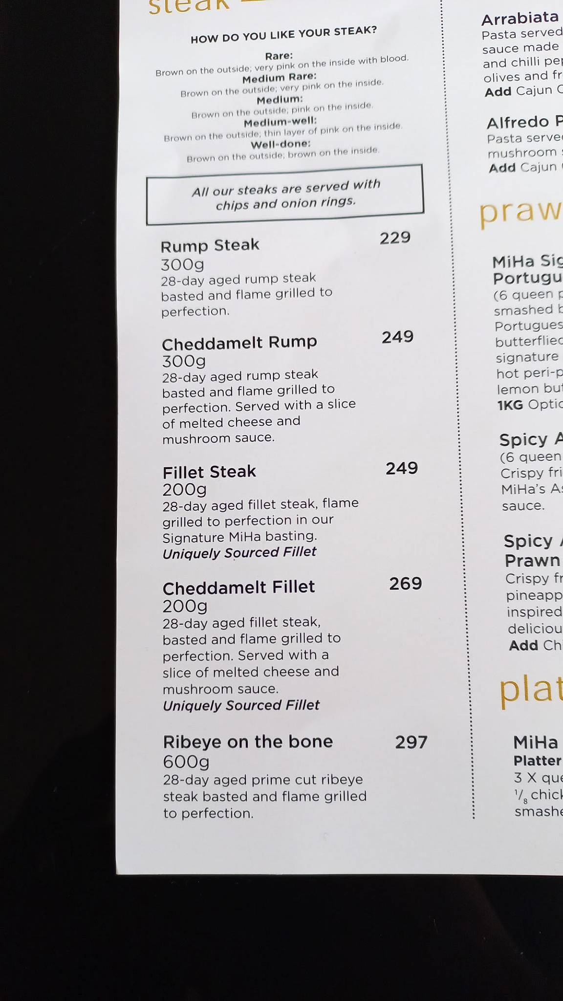 Menu at MiHa Melrose Arch restaurant, Johannesburg