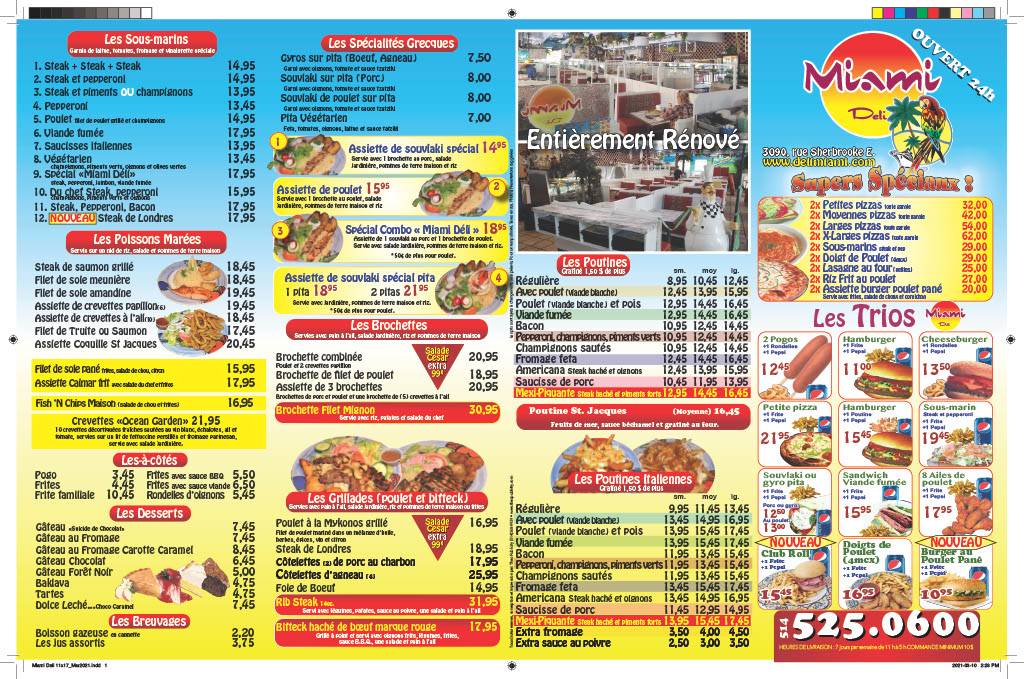 Menu au Restaurant Miami Déli, Montréal