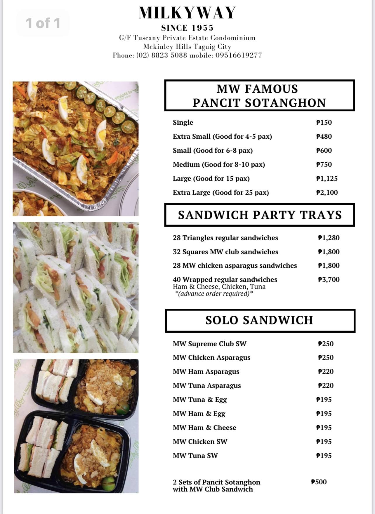 Menu at Milky Way restaurant, Taguig