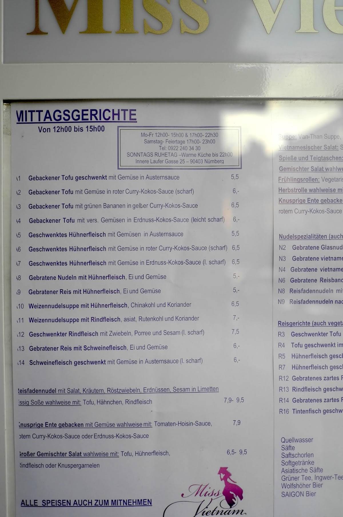 Speisekarte von Miss Vietnam restaurant, Nürnberg