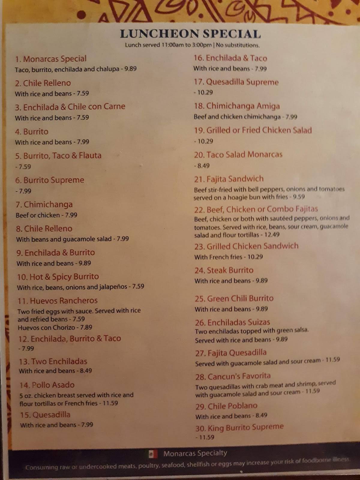 Menu at Monarcas Mexican Restaurant, Troy