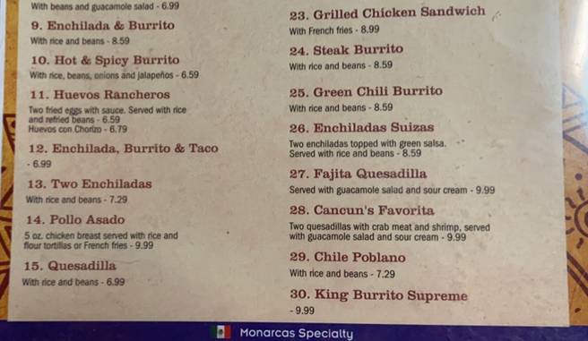 Menu at Monarcas Mexican Restaurant, Troy