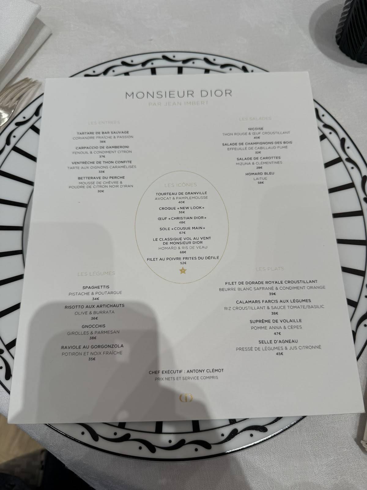 Menu at Restaurant Monsieur Dior, Paris