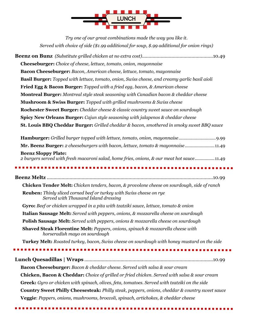 Menu at Mr. Beenz Diner restaurant, Rochester