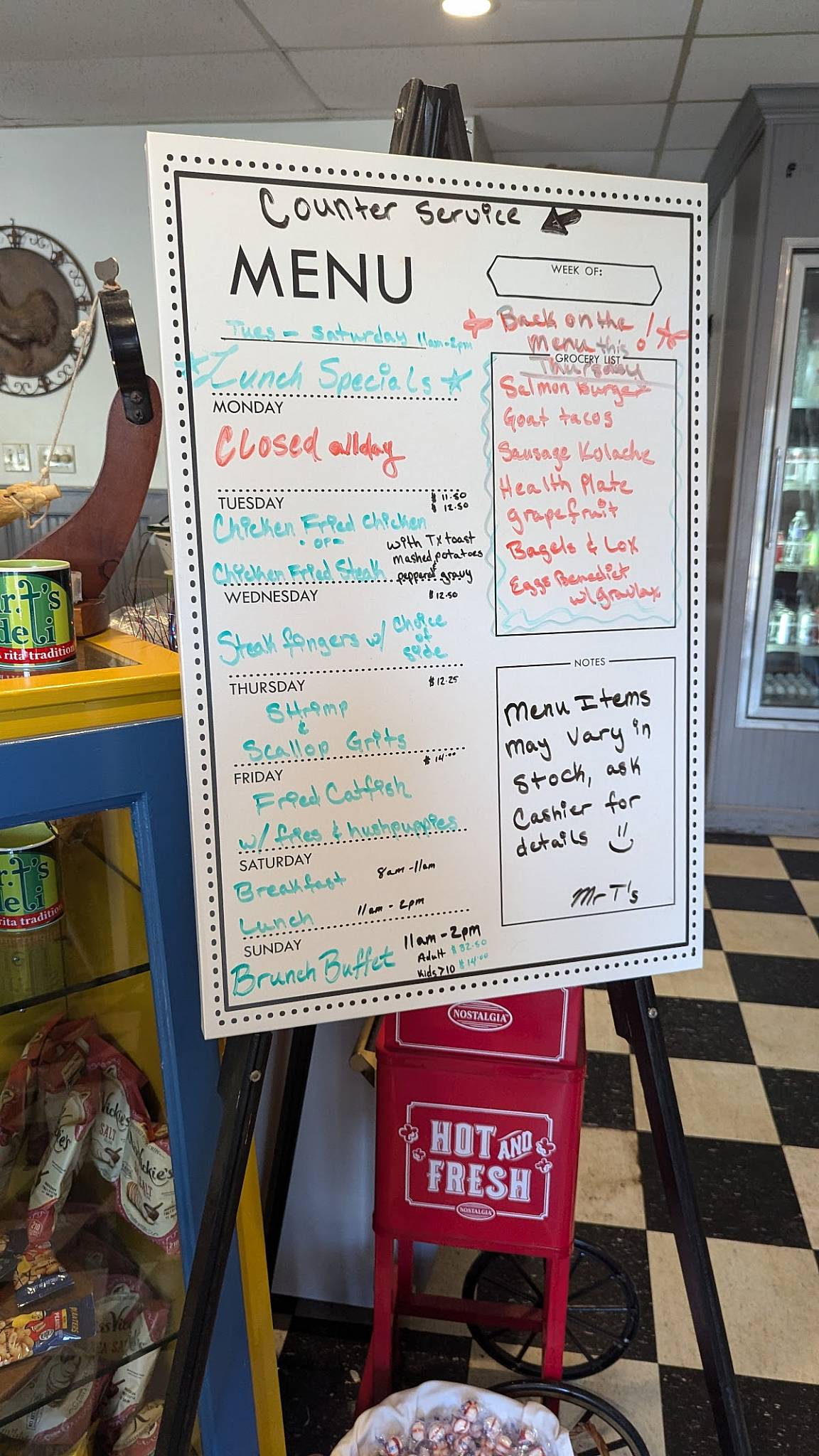 Menu at Mr T's Deli restaurant, San Angelo
