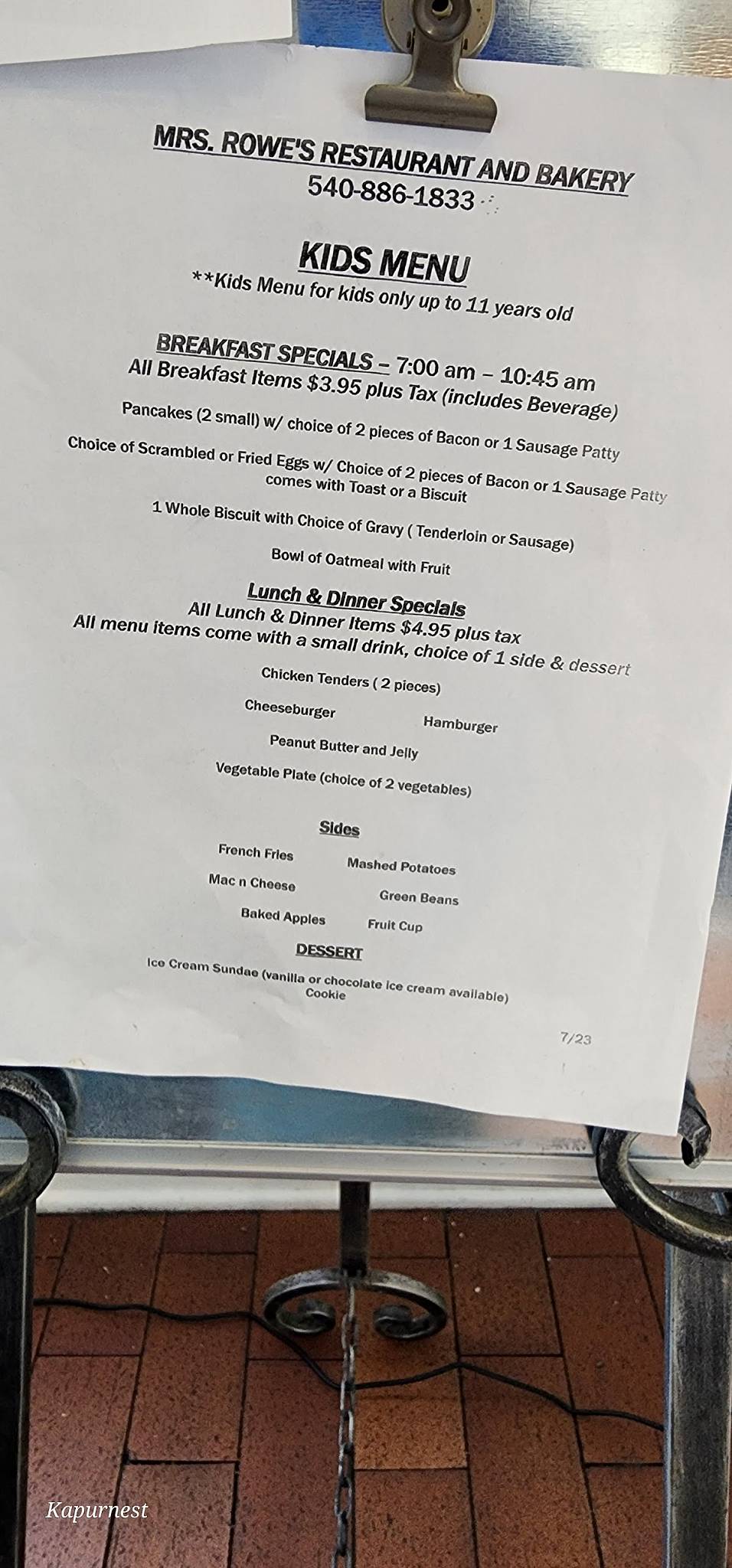 Menu at Mrs. Rowe's Family Restaurant & Catering, Staunton