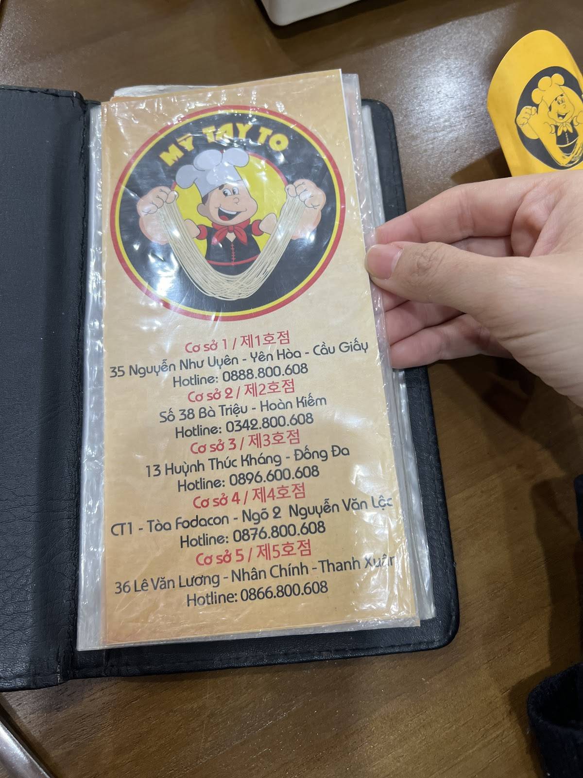 Menu at Mỳ Tay To restaurant, Hanoi, 13 P. Huỳnh Thúc Kháng