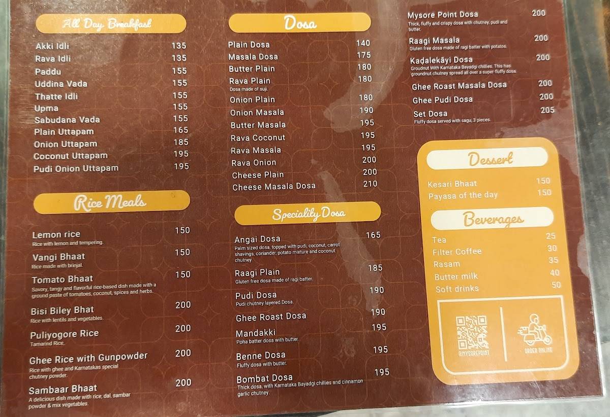 Menu at Mysore Point, Kolkata