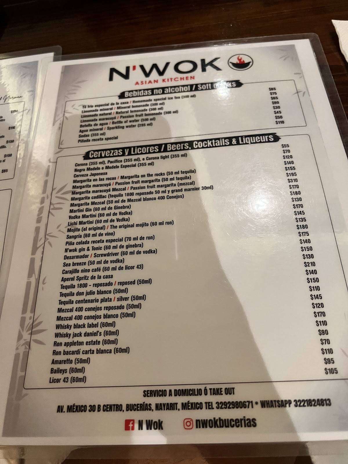 Menu at N'WOK restaurant, Bucerías