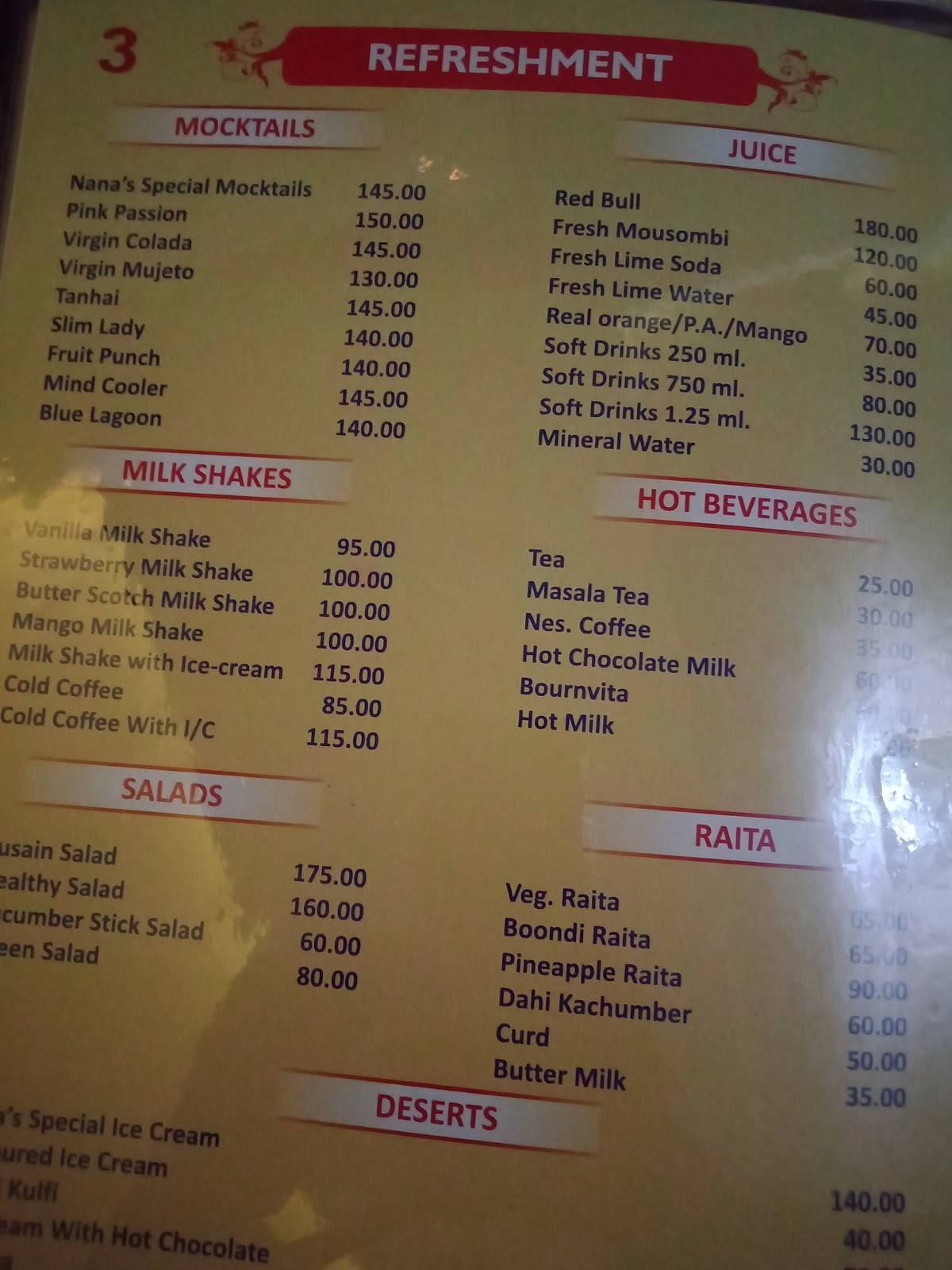 Menu at Nana's Restaurant, Daman