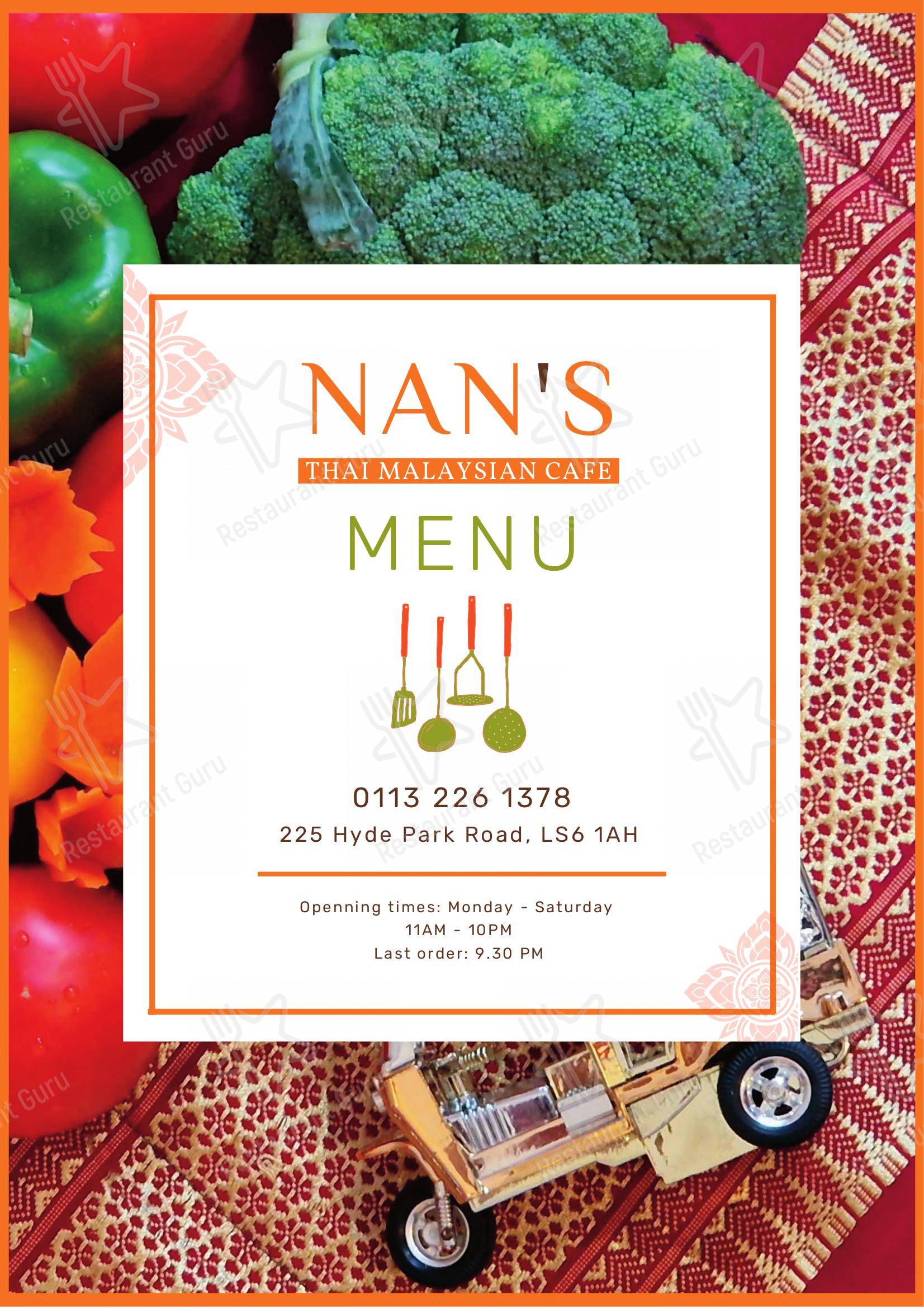 Menu at Nan's Thai Malaysian Cafe, Leeds