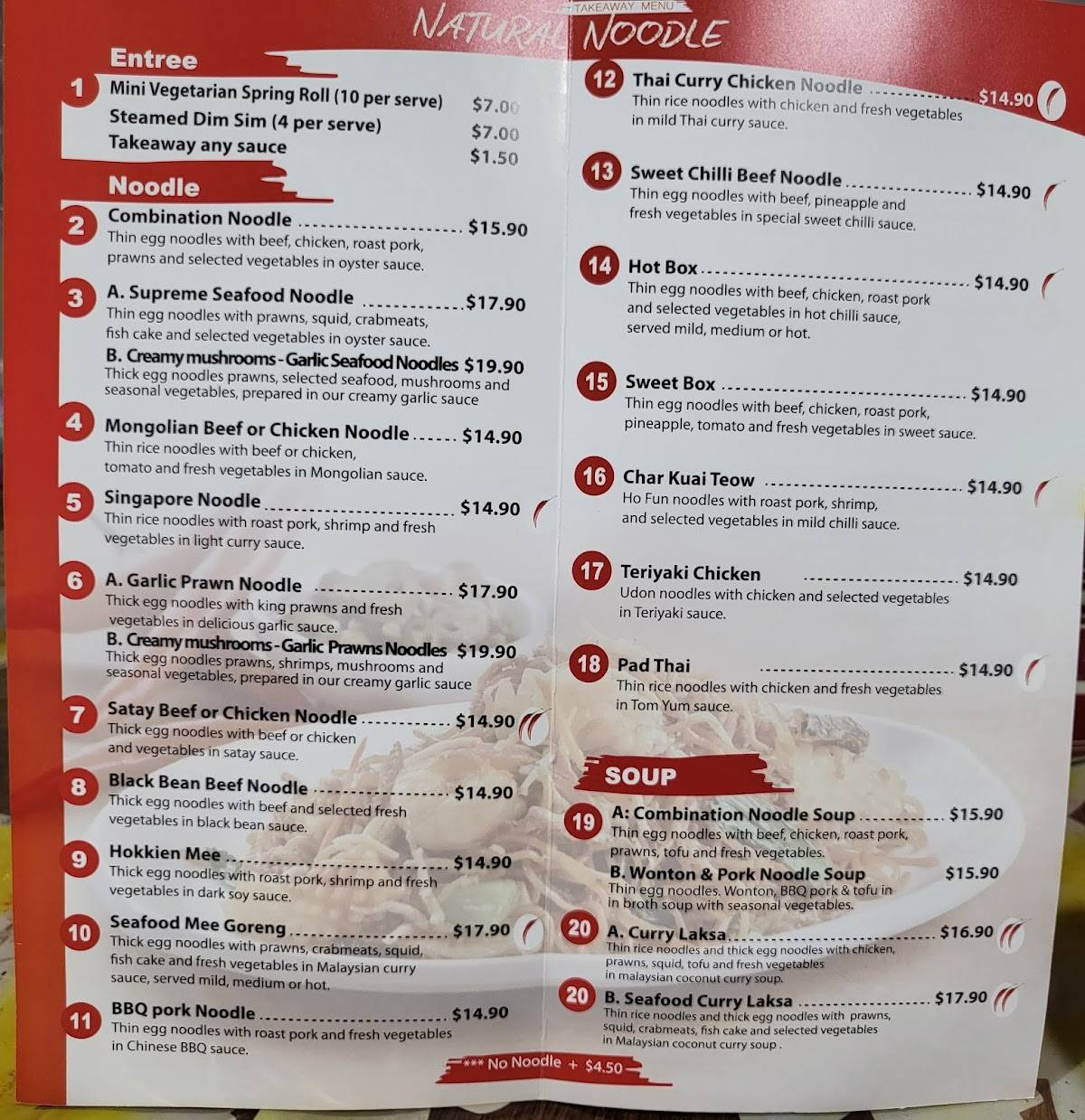 Menu at Natural Noodle restaurant, Bundaberg Central